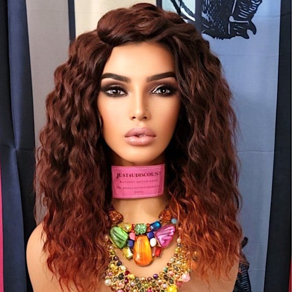 Hair | Wavy Rusty Brown Burgundy Wig Kinky Side Part And Natural ...